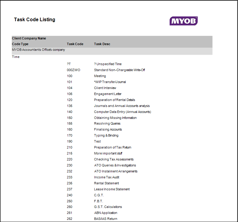 Printing a list of Task codes